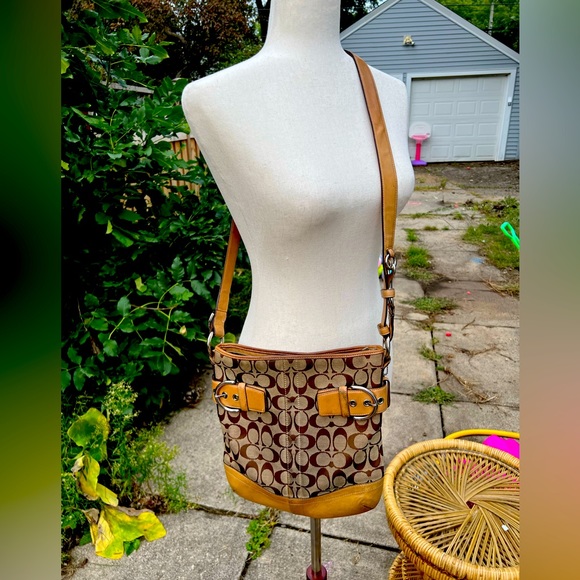Coach | Bags | Coach Tan Signature Buckle Canvas Leather Crossbody Bag Purse Medium | Poshmark